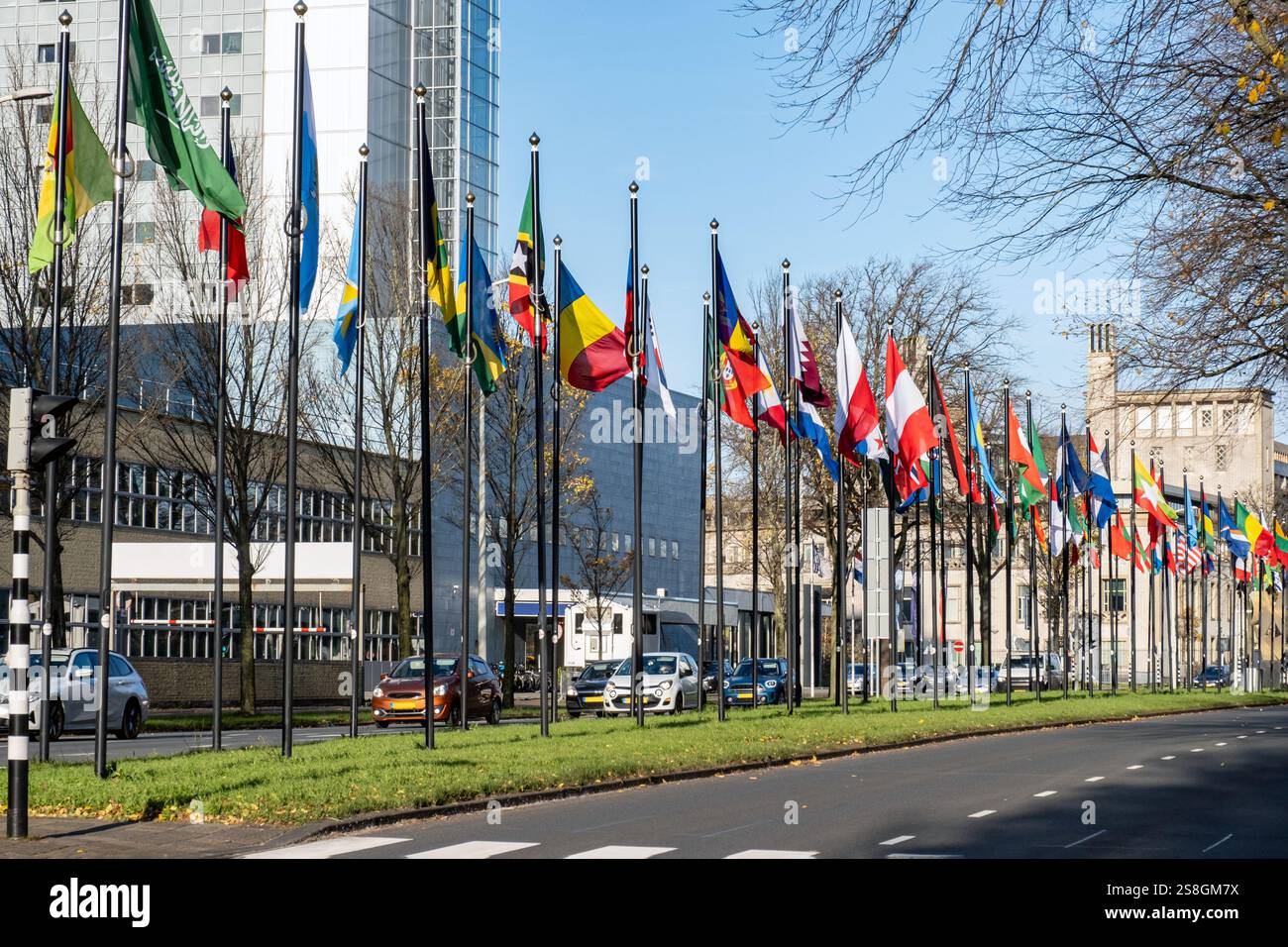 Alley or a street with many flags of different countries. Parade of ...