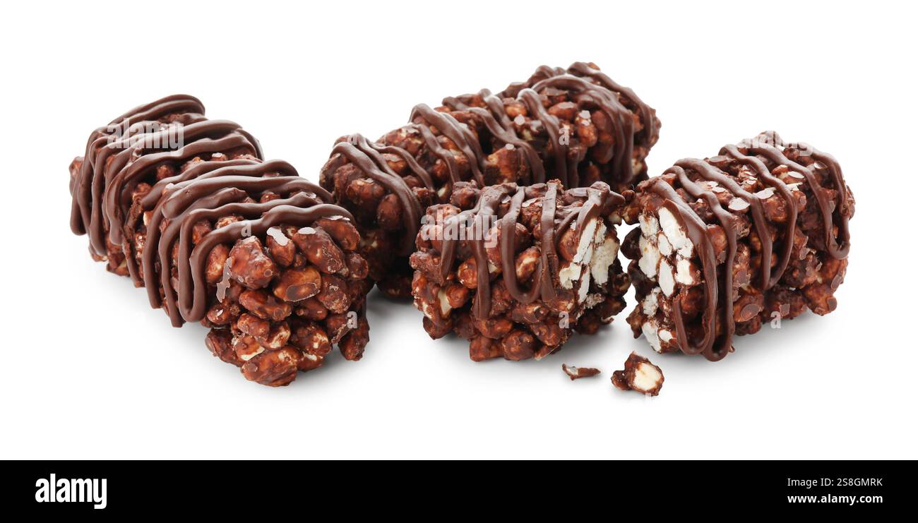 Delicious chocolate puffed rice bars isolated on white Stock Photo - Alamy