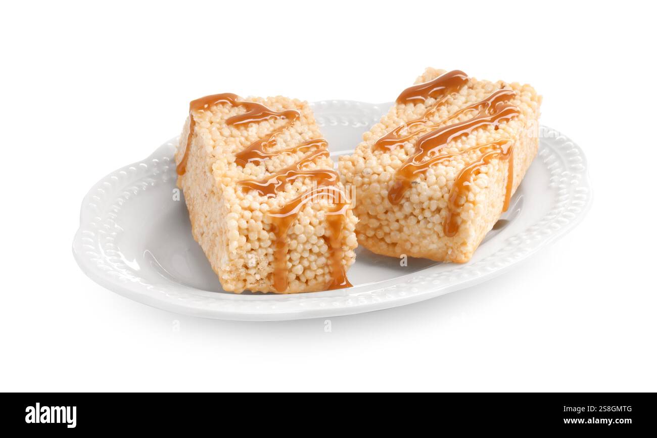 Delicious caramel puffed rice bars isolated on white Stock Photo - Alamy