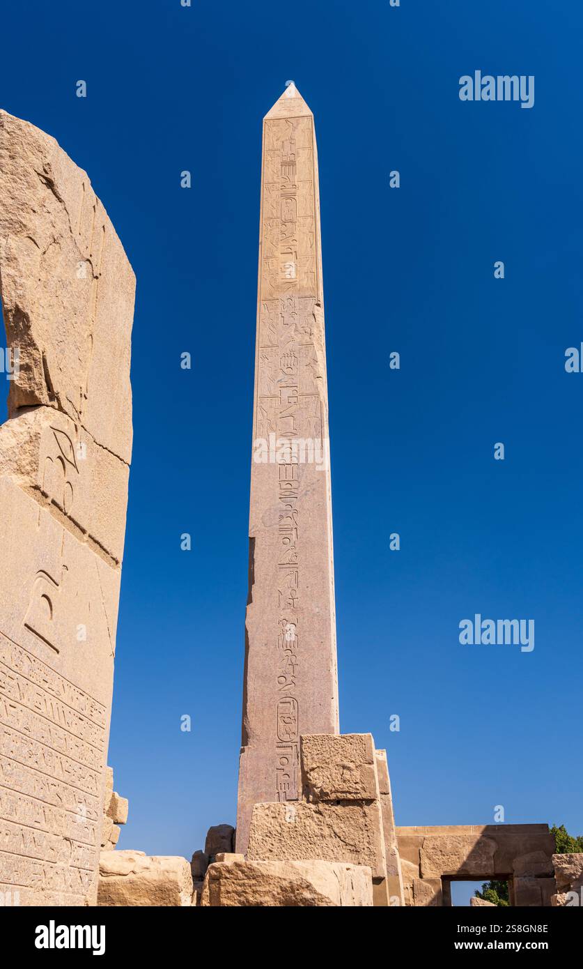 Ancient Egyptian obelisk covered in hieroglyphs stands tall against a clear blue sky, surrounded ...