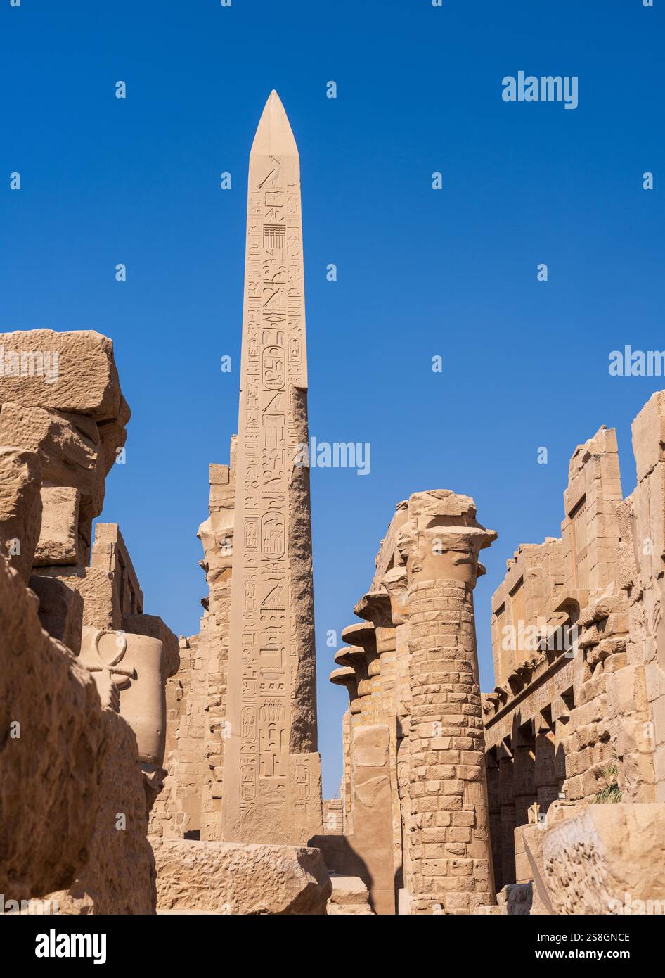 Ancient Egyptian obelisk covered in hieroglyphs stands tall against a clear blue sky, surrounded ...