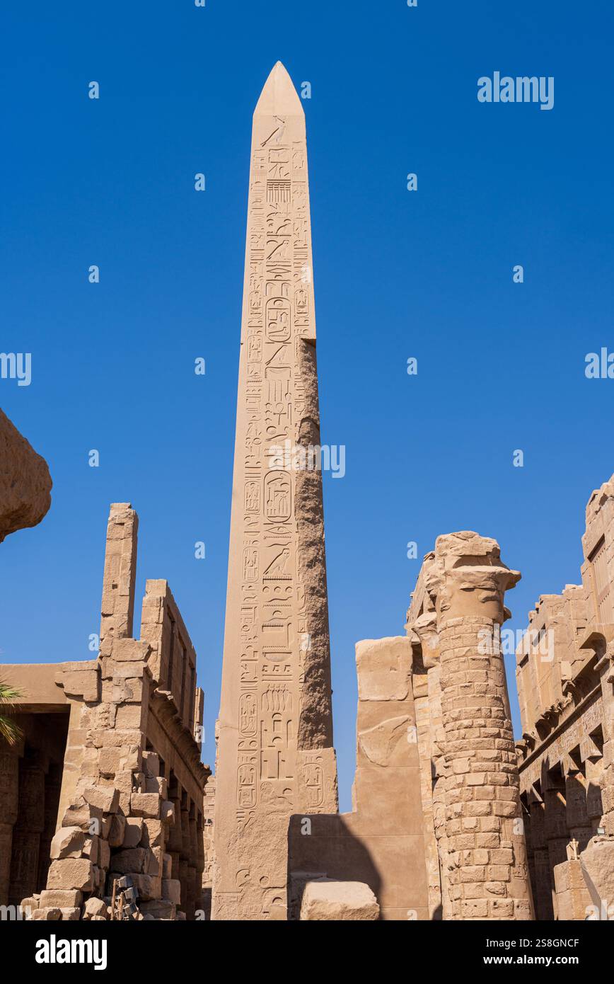 Ancient Egyptian obelisk covered in hieroglyphs stands tall against a clear blue sky, surrounded ...