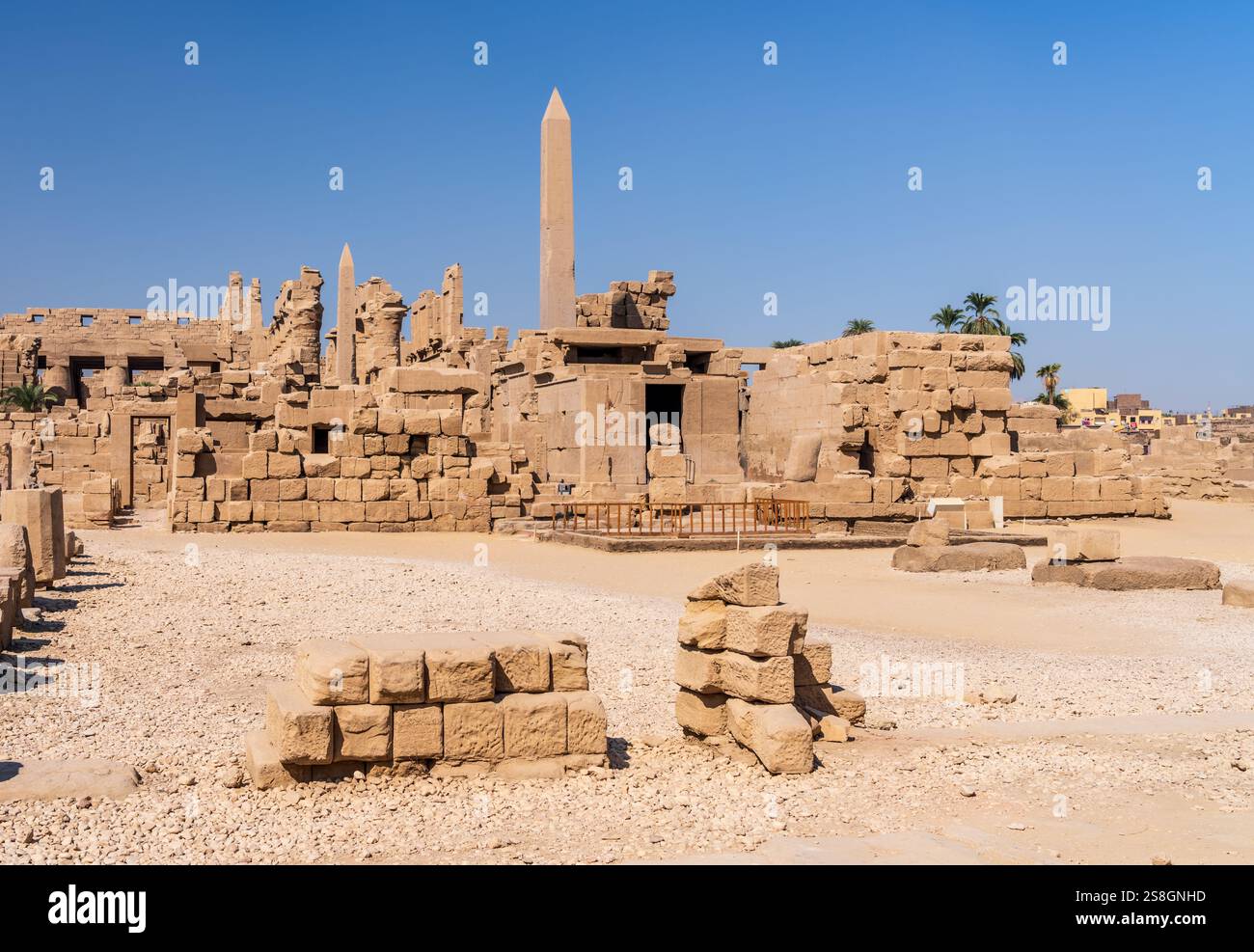 Ancient Egyptian obelisk covered in hieroglyphs stands tall against a clear blue sky, surrounded ...