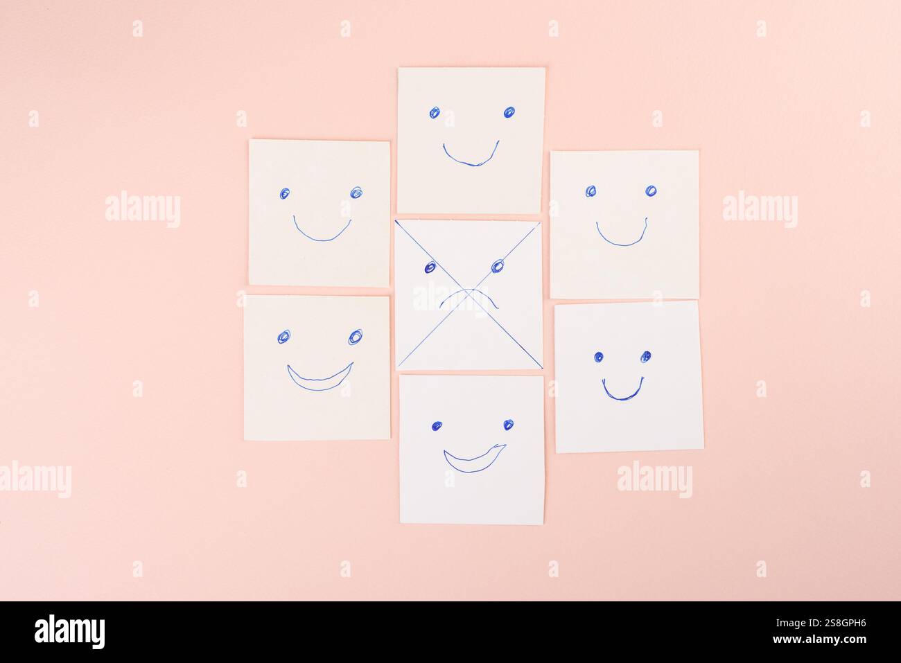 White cards with crossed out sad emotion surrounded by positive ...