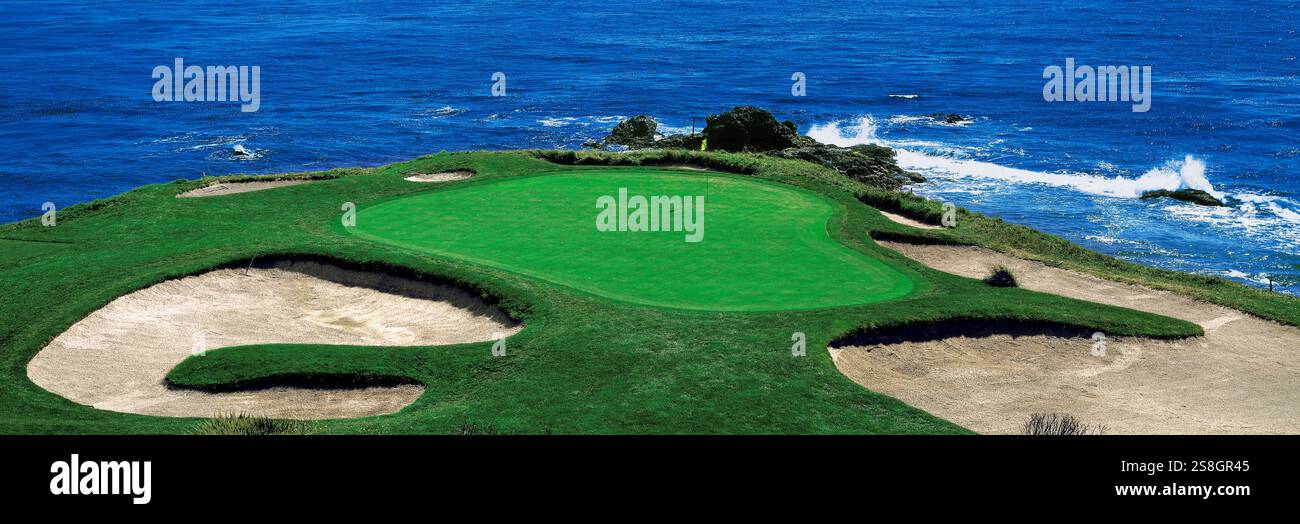 High angle view of a golf course, Pebble Beach Golf Course, California ...