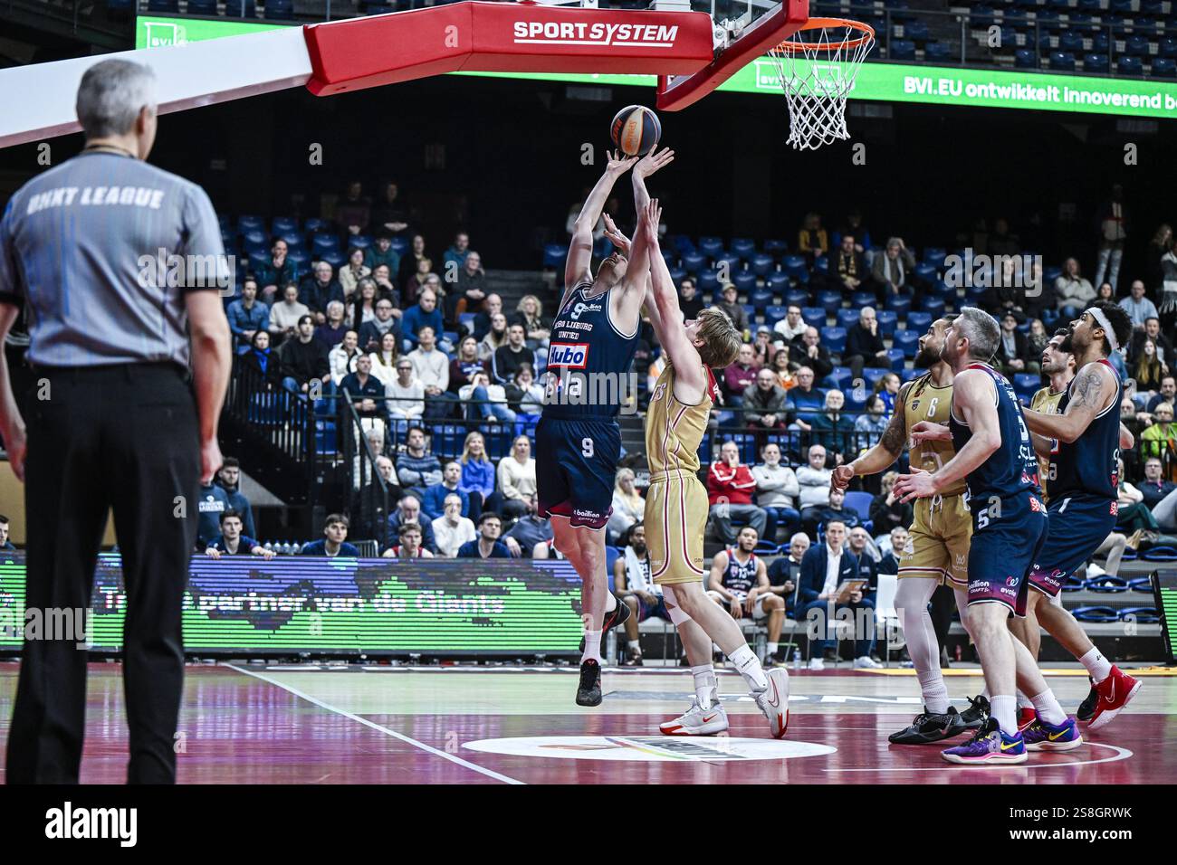 Antwerp, Belgium. 22nd Jan, 2025. Limburg's Jonas Delalieux and Antwerp ...