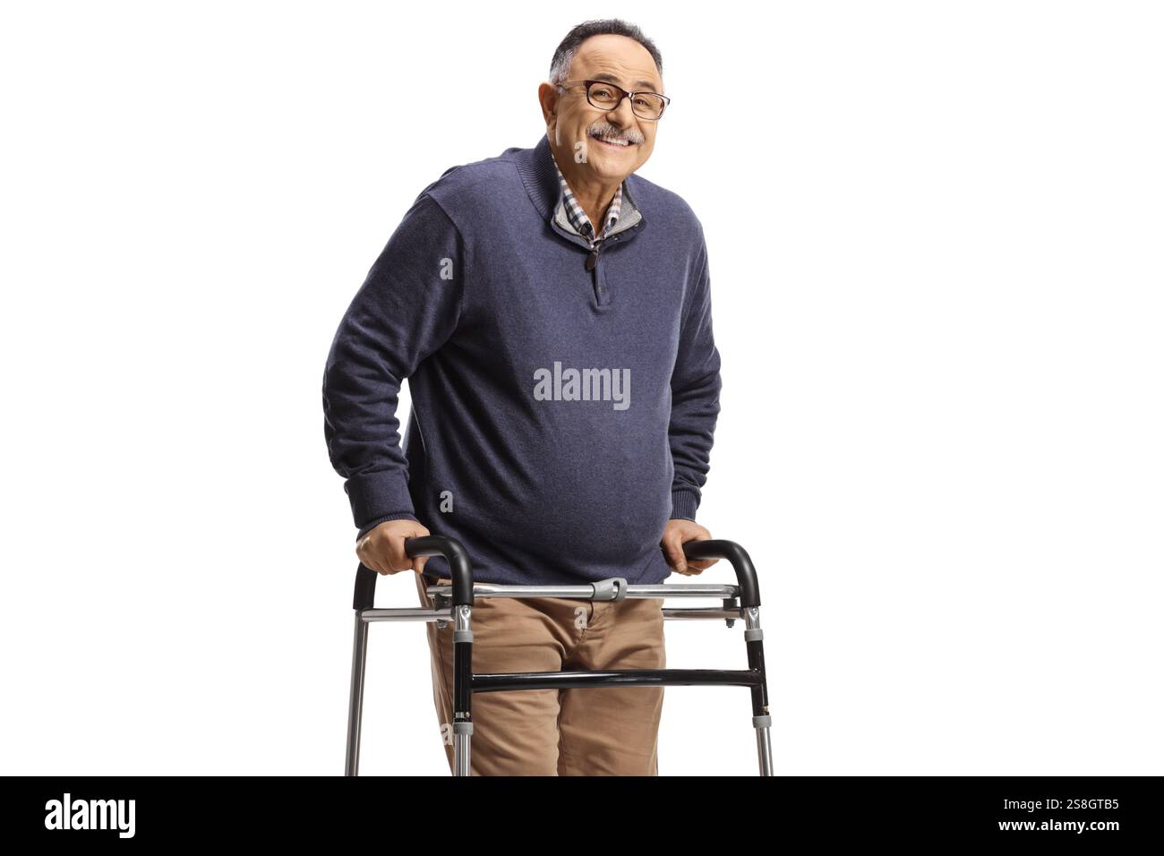 Man standing with a walker isolated on white background Stock Photo - Alamy