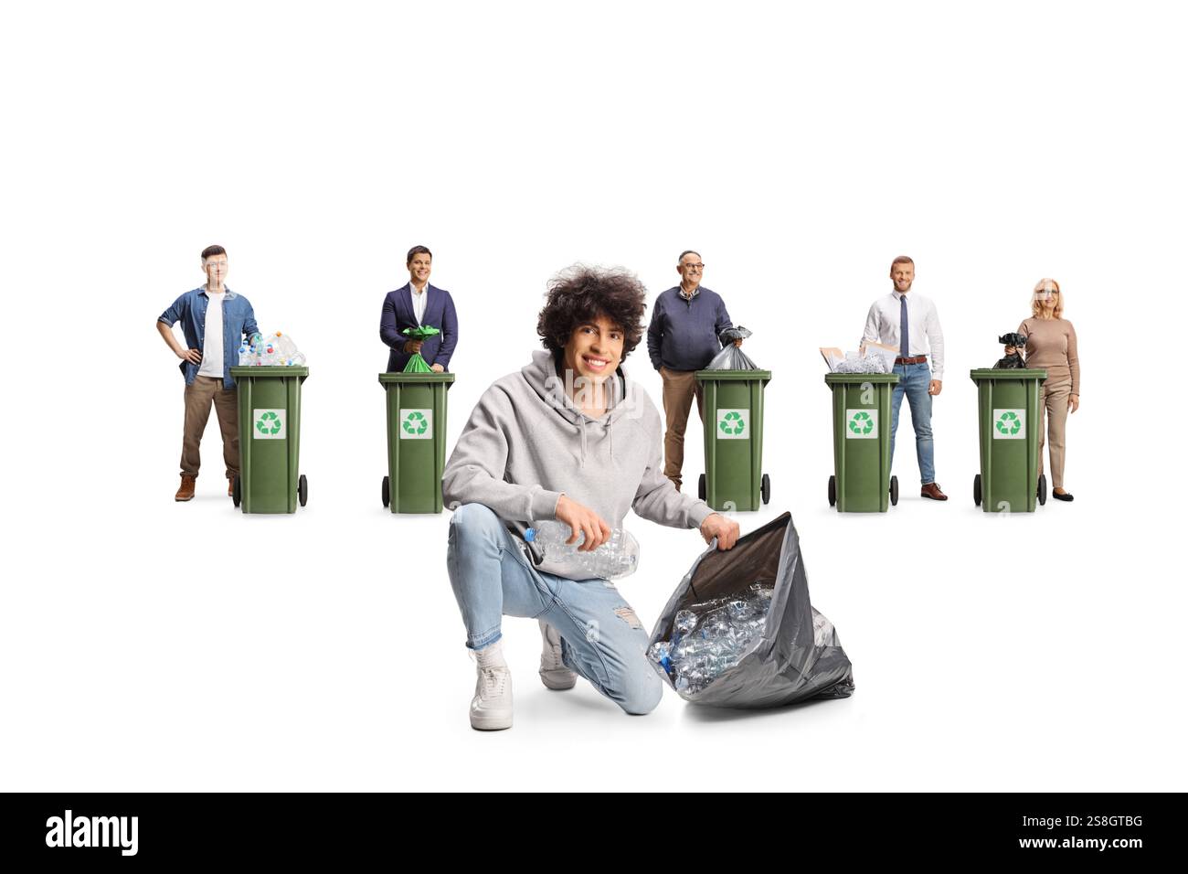 People collecting plastic bottles and waste for recycling isolated on ...
