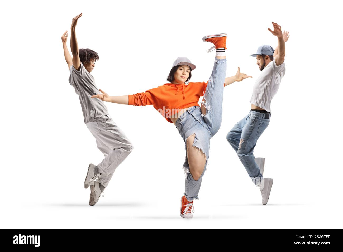 Men and a woman dancing and lifting legs up isolated on white ...