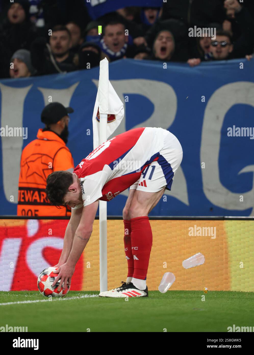 Declan Rice (A) has cups and lighters thrown at him at the Arsenal v ...