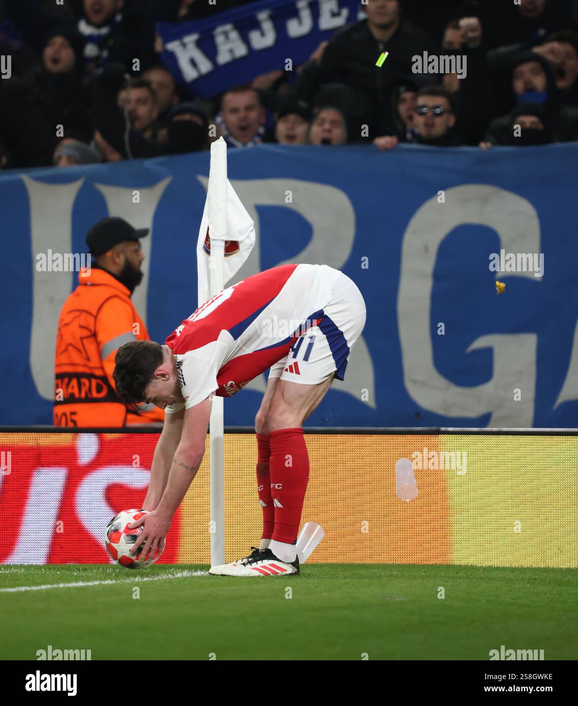 London, UK. 22nd Jan, 2025. Declan Rice (A) has cups and lighters ...
