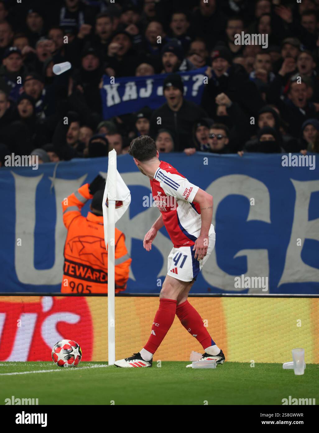 London, UK. 22nd Jan, 2025. Declan Rice (A) has cups and lighters ...