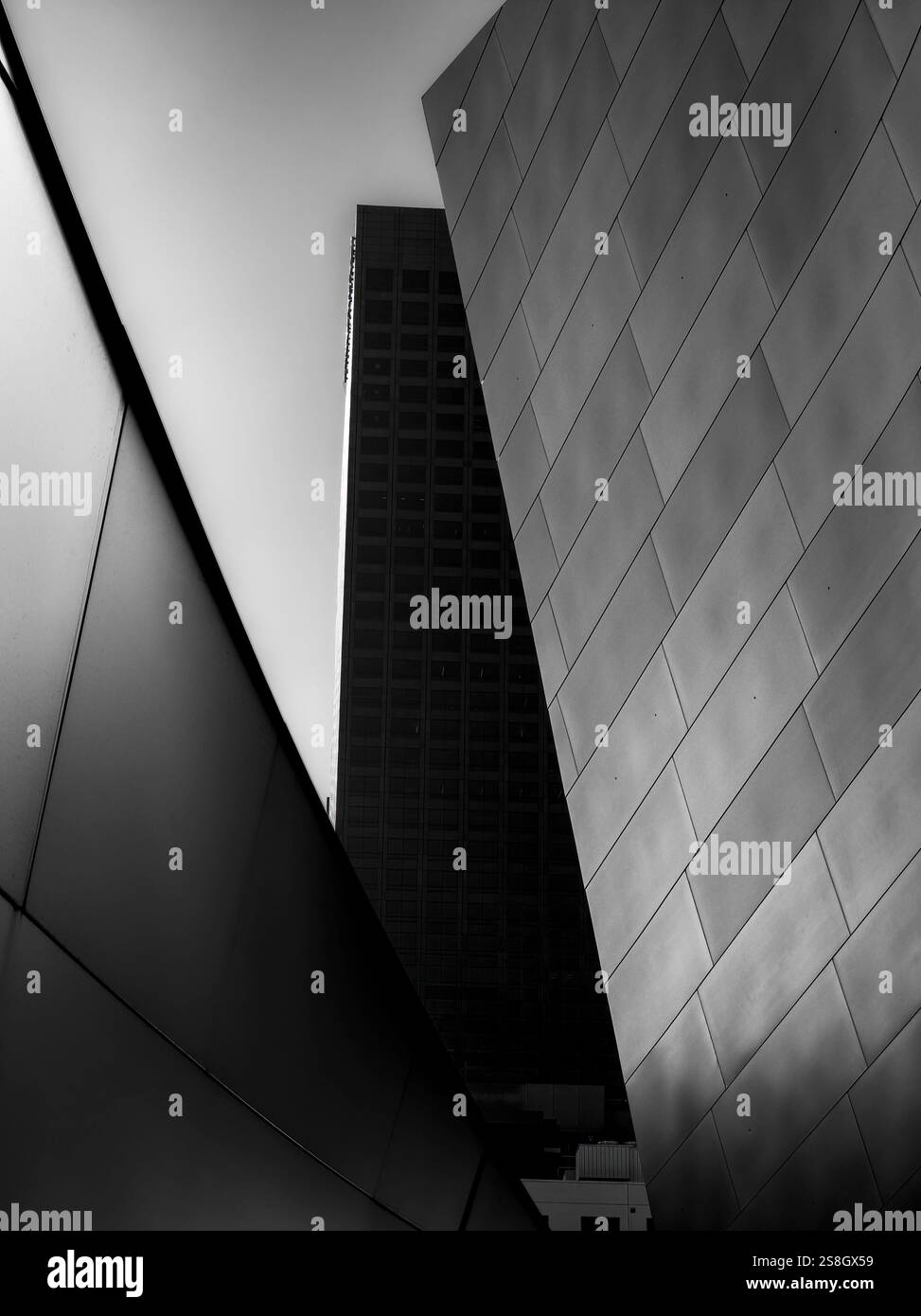 Black and White portrait style wedge of buildings and steel with high ...