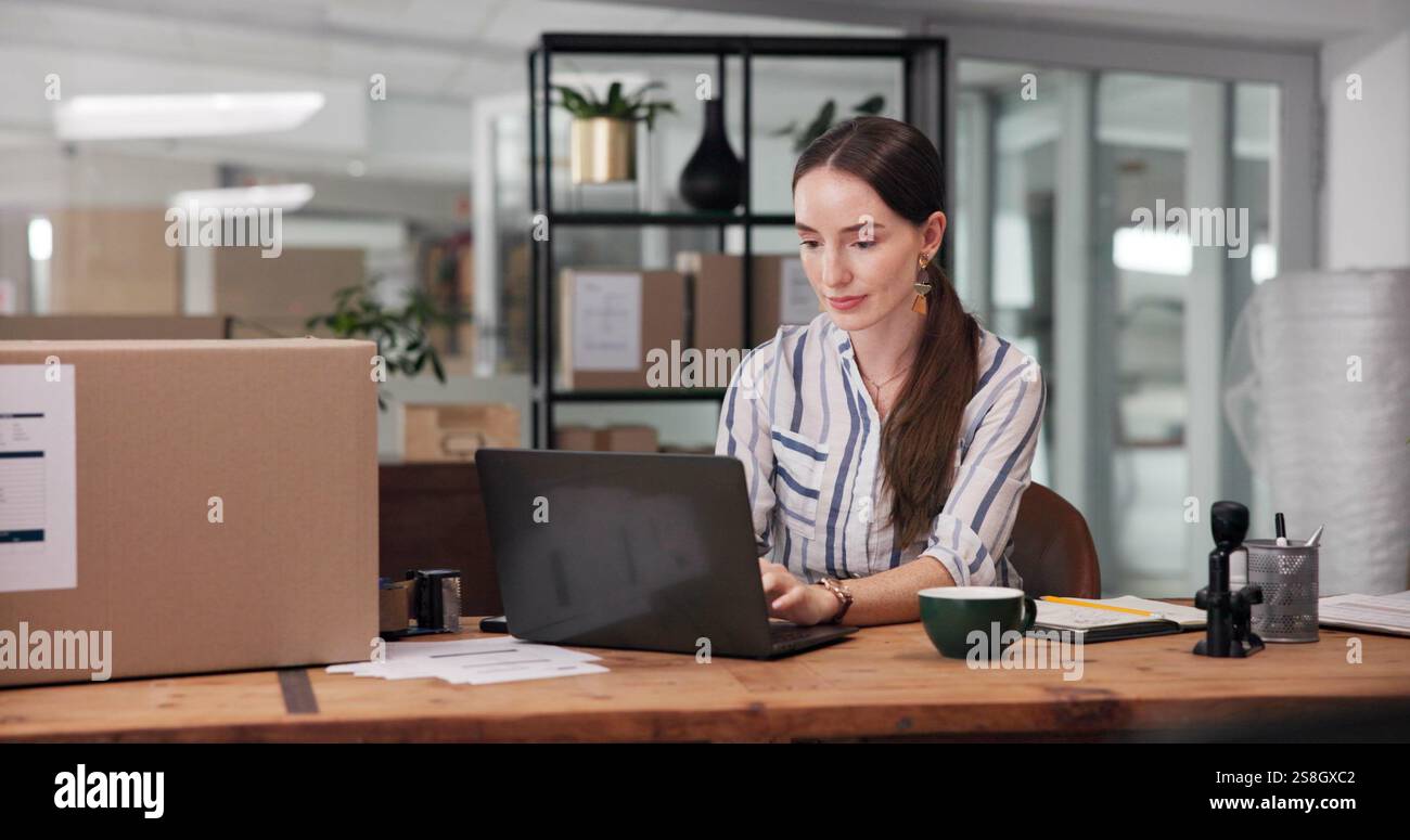 Order, small business or woman on laptop with package for shipping plan ...