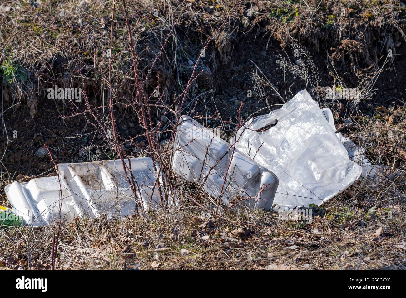 A pile of plastic containers and bags are scattered on the ground. The ...