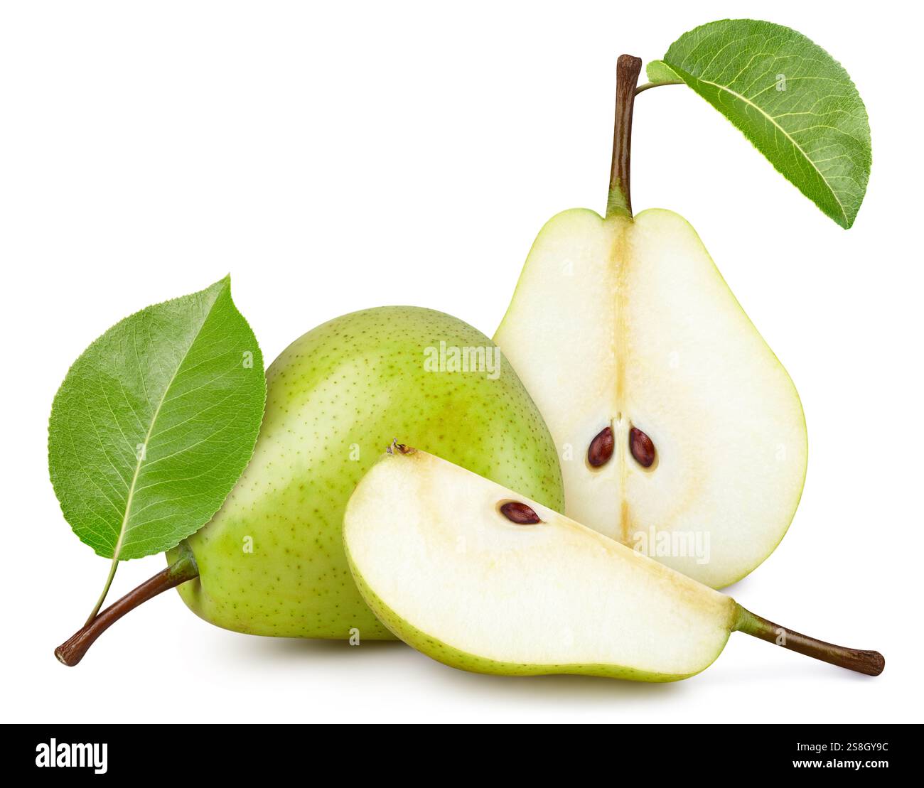 Pear fruit with pear leaf isolated on white background. Pear clipping ...