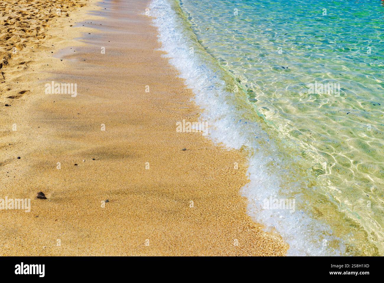 Golden sand beach with gentle ocean waves washing ashore, creating ...