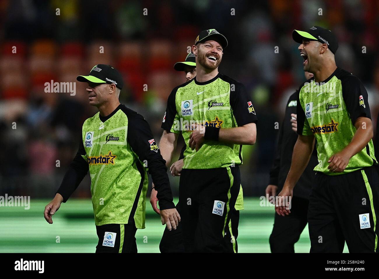 Nathan McAndrew of Sydney Thunder celebrates with his teammates after ...