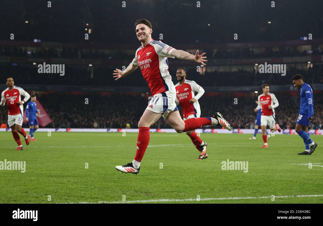 London, UK. 22nd Jan, 2025. Declan Rice (A) scores the first Arsenal goal (1-0) at the Arsenal v ...
