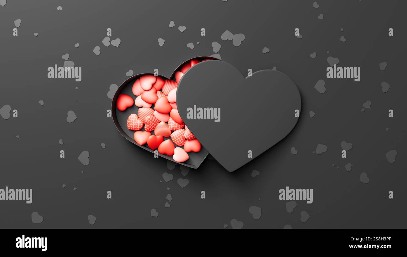 Black opened heart-shaped box with red hearts inside on a black ...