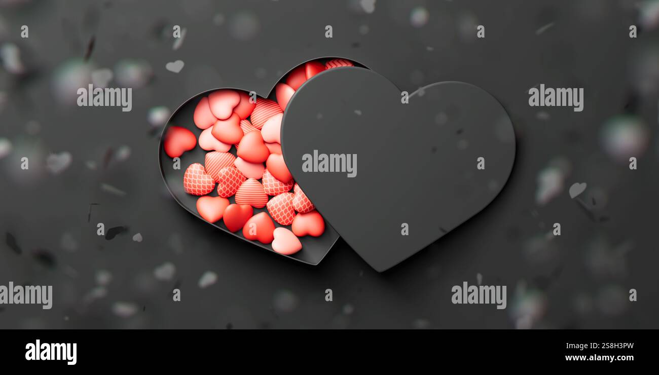 Black opened heart-shaped box with red hearts inside on a black ...