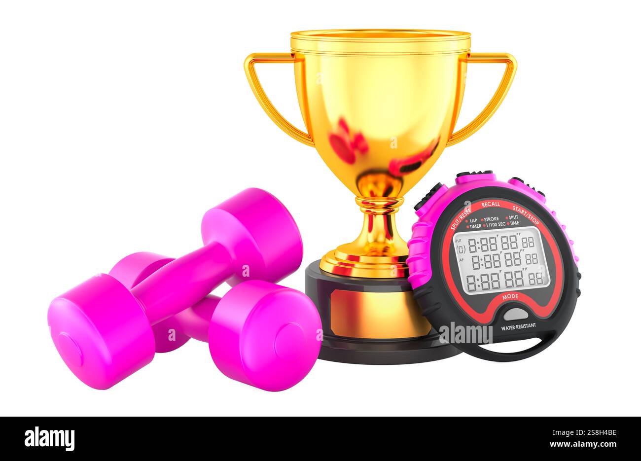 Gold trophy cup award with Fitness Dumbbells and Digital Sports ...