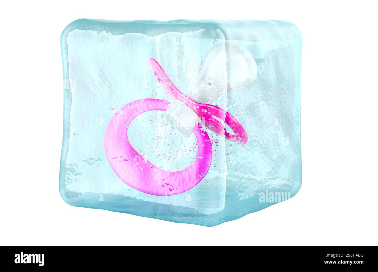 Baby pacifier frozen in ice cube, 3D rendering isolated on white ...