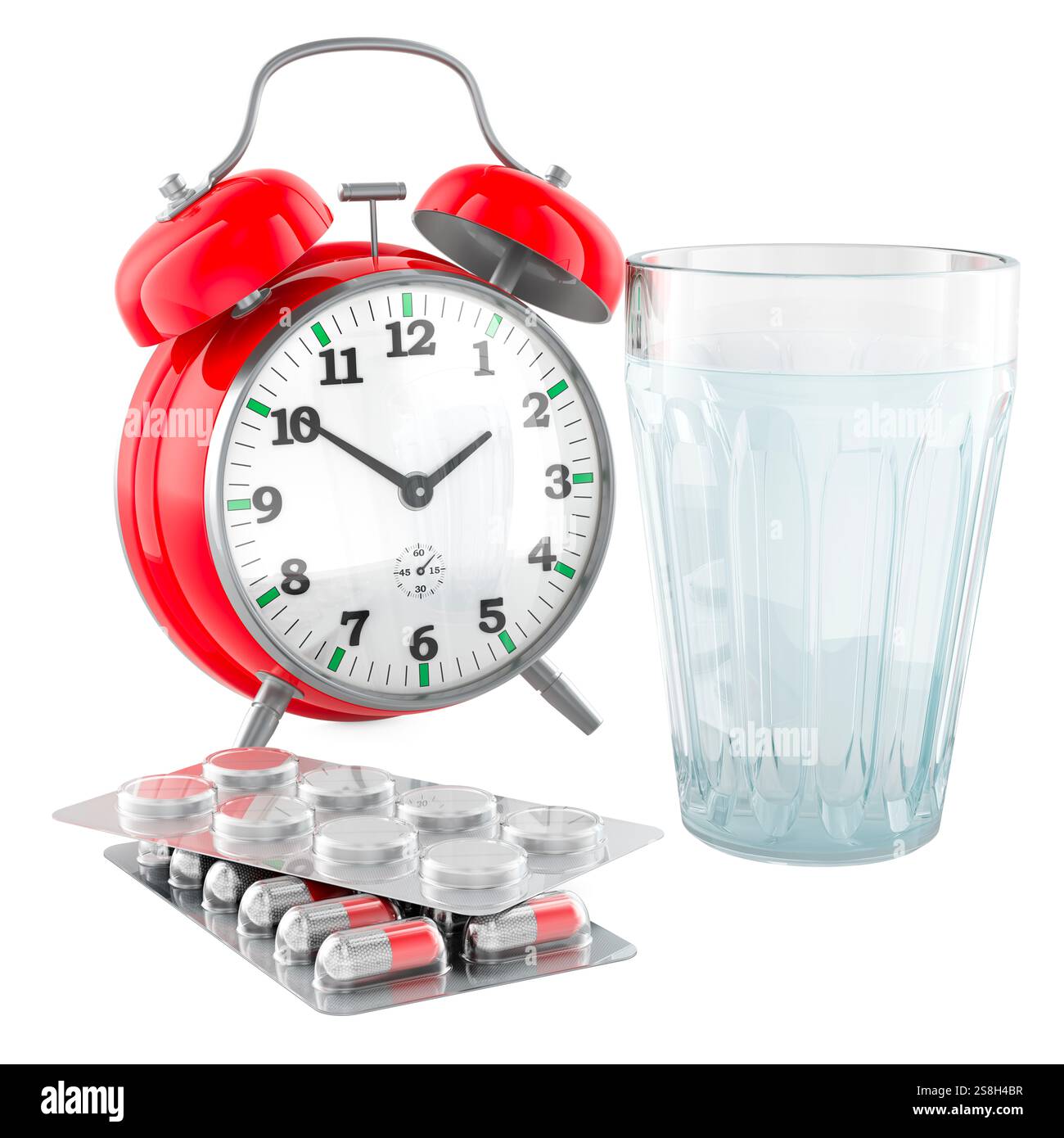 Time to take medicine, concept. Pills with water in glass and alarm ...