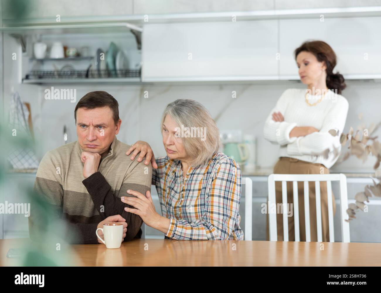 Family members quarreling in the kitchen and old woman trying to calm ...