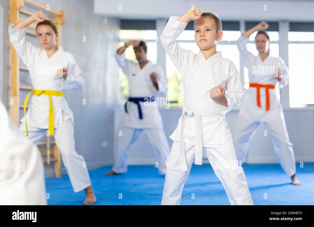 Kid boy and his family repeat movements and learn fighting techniques ...