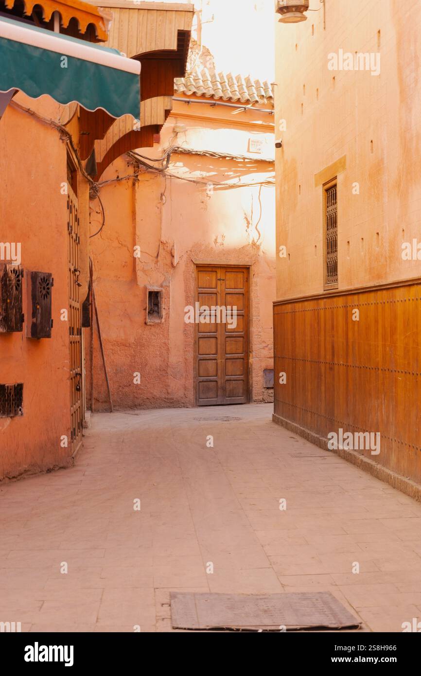 A narrow alleyway with a wooden door. The door is open. The alleyway is ...