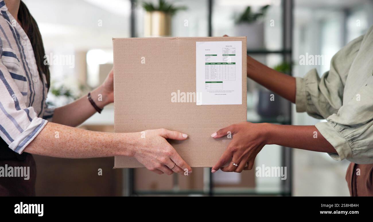 Hands, box and delivery with logistics team at warehouse, supply chain ...