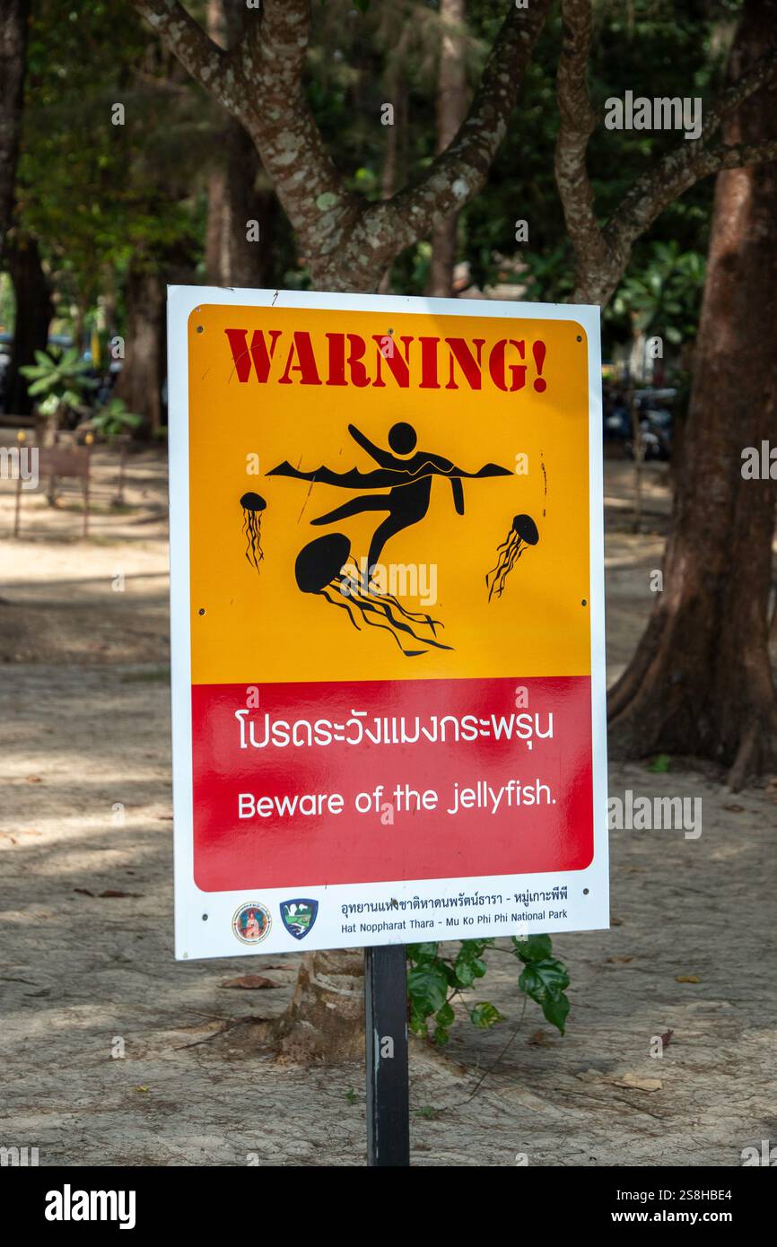 Bangkok, thailand - Dec 25 2024:Warning sign posted on beach to inform ...