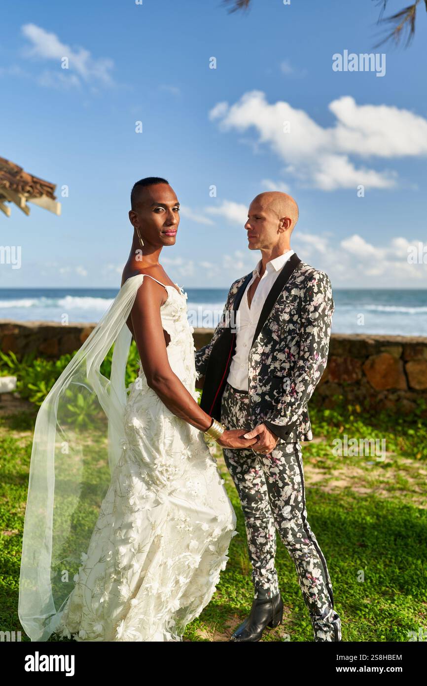 Ambiguous gender fluid black person in white dress, lgbtq groom in ...
