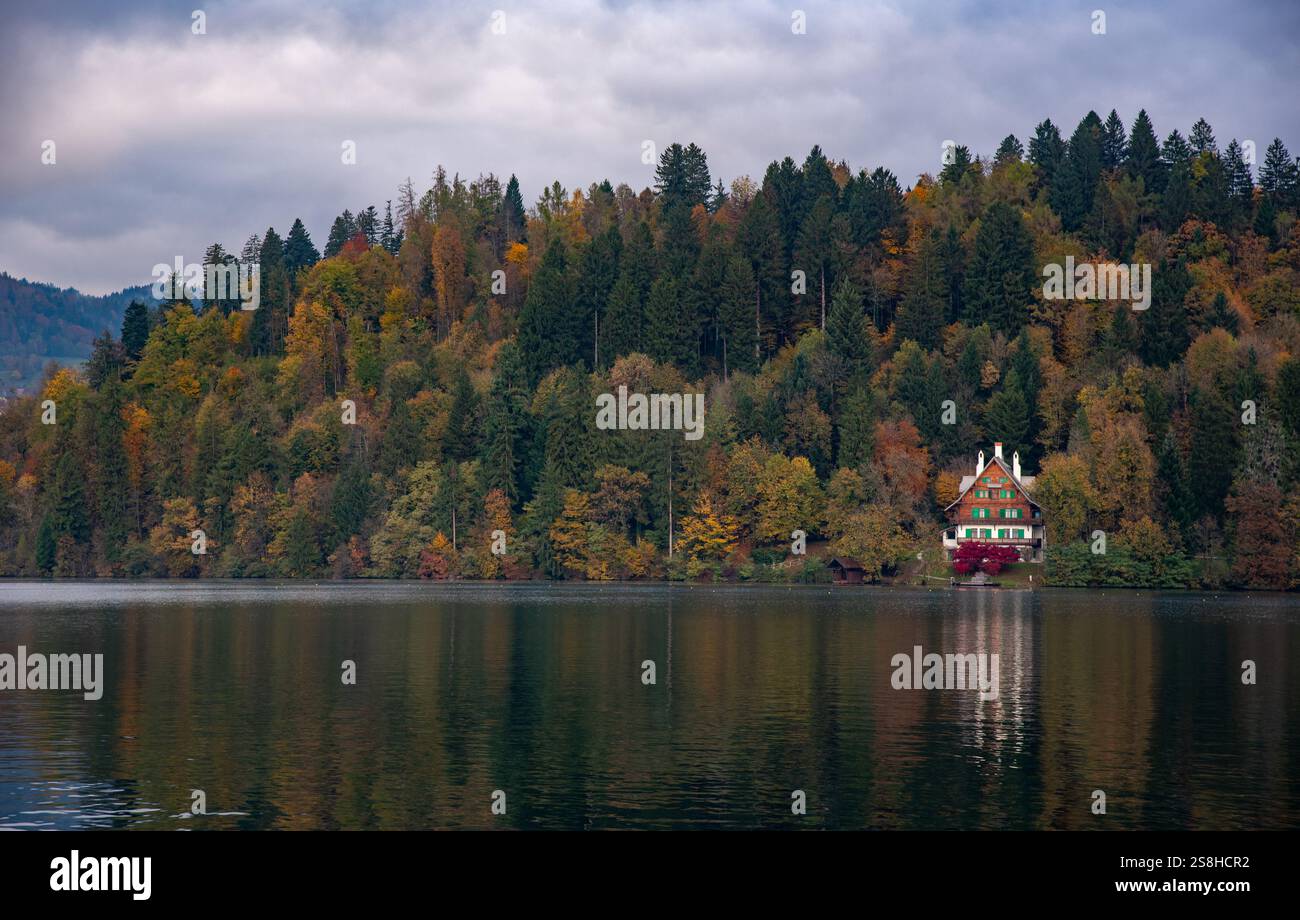 Autumn landscape. Chalet house in the forest Lake bled Slovenia Stock ...