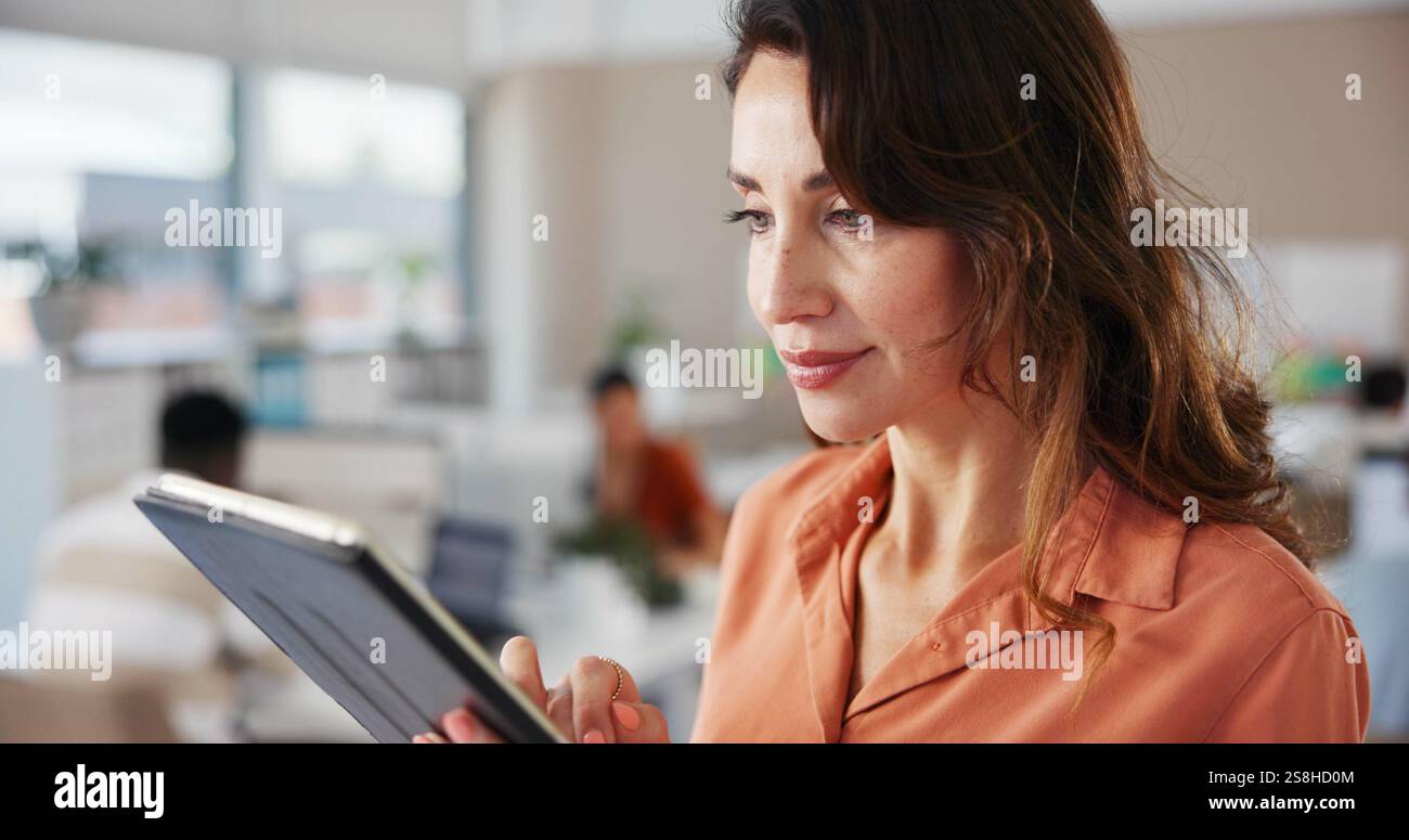 Employees, journalist and woman with tablet, internet and thought with ...