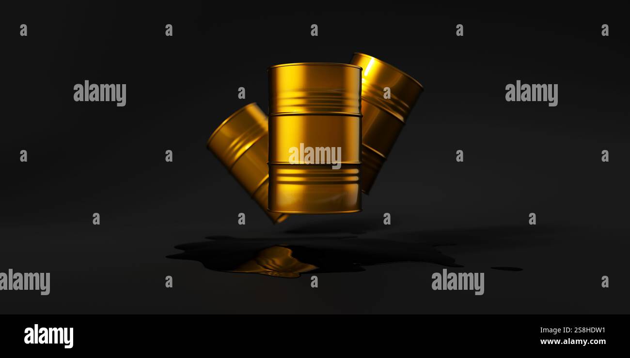 Three gold metal oil barrels fly over spilled puddle of crude oil on ...