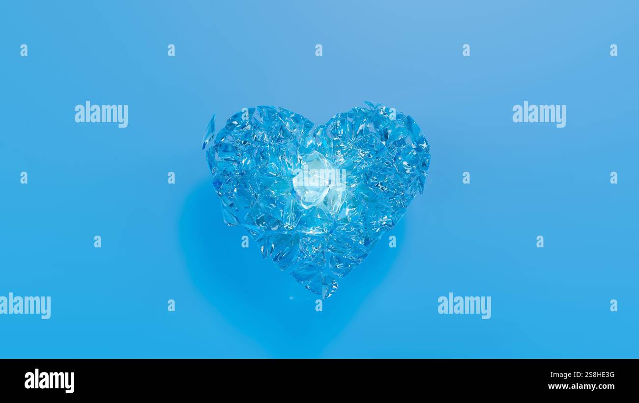 A blue shuttered glass heart on a blue background with a light inside ...
