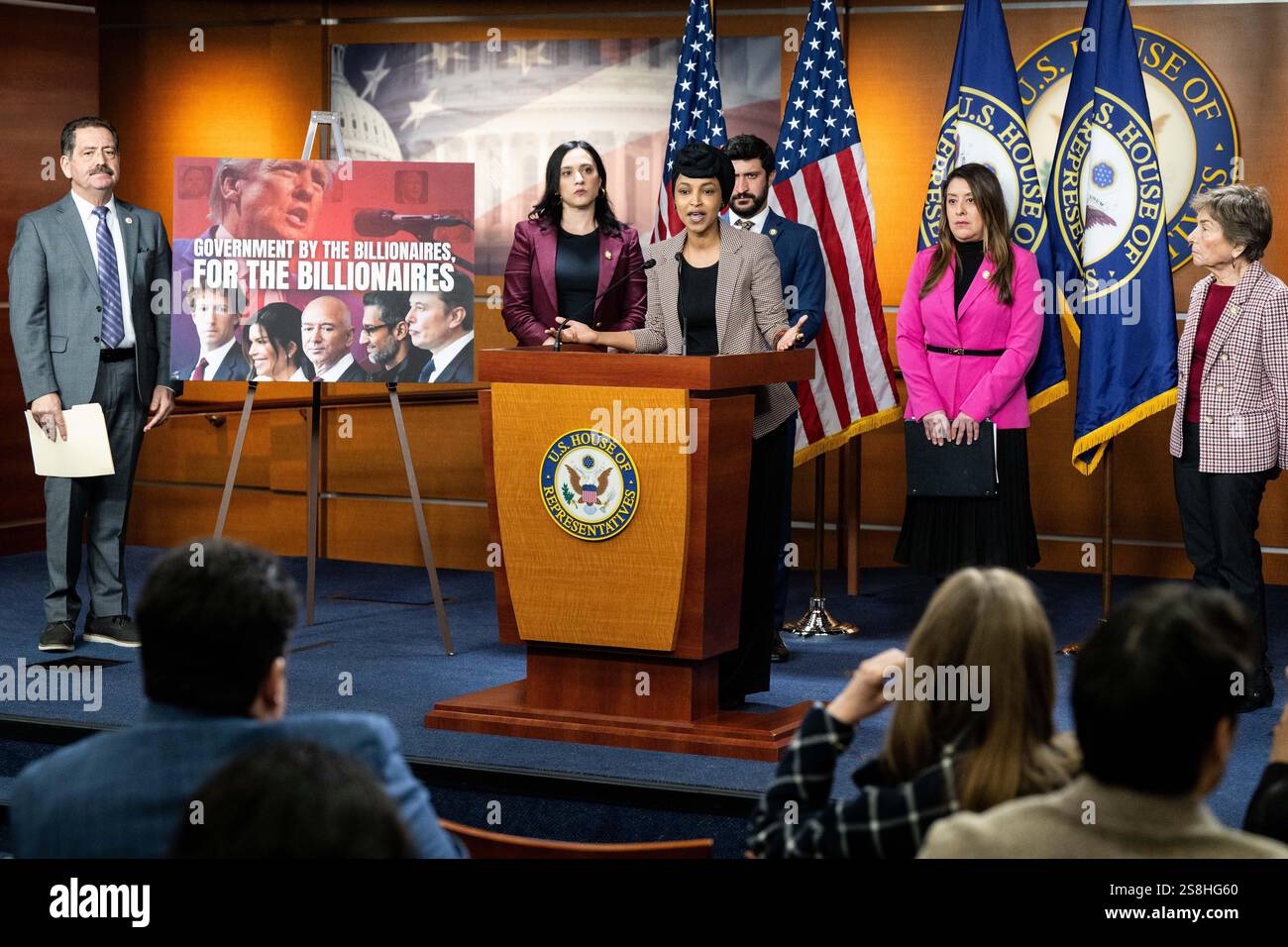 U.S. Representative Ilhan Omar (D-MN) speaking at a Congressional Progressive Caucus press ...