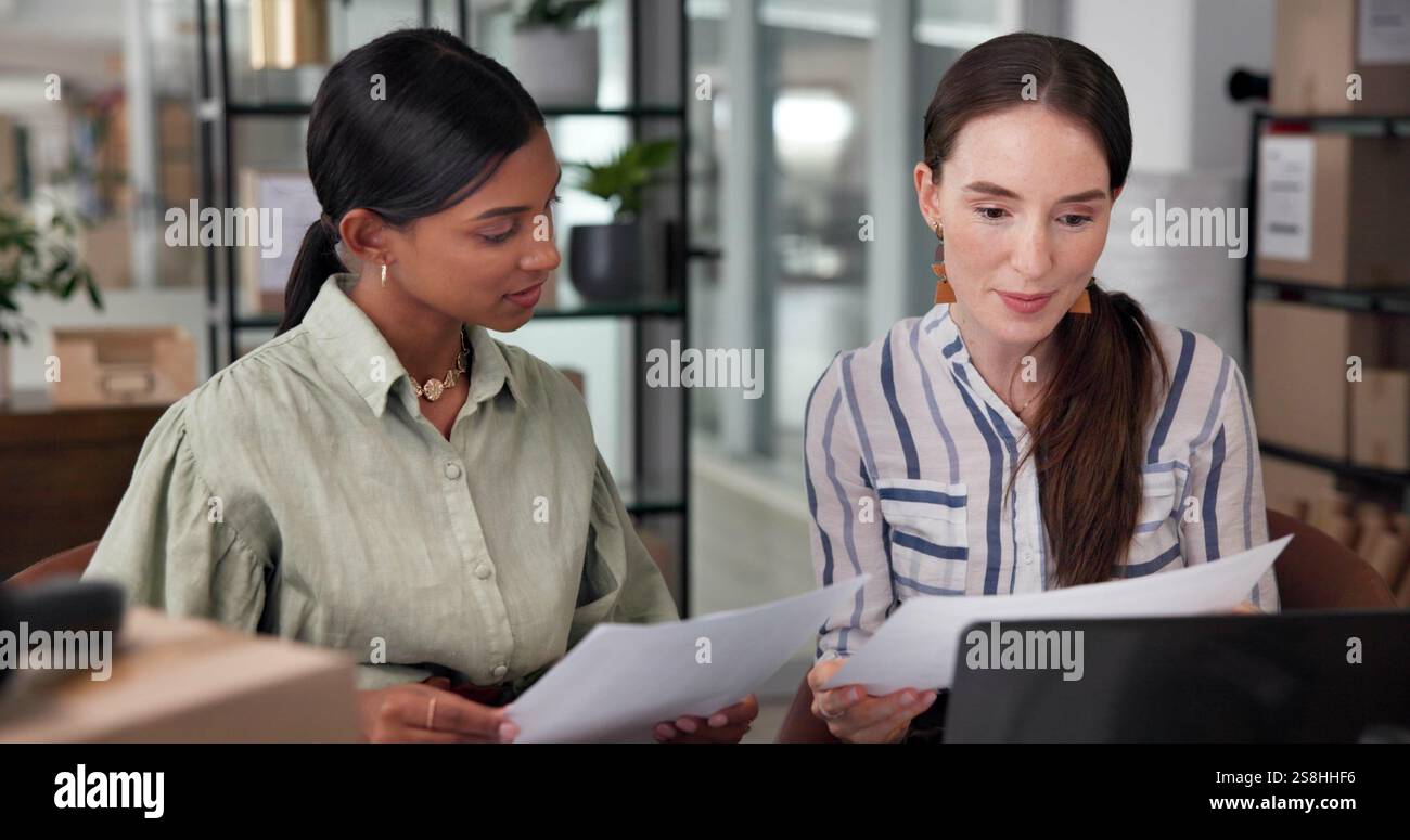 Box, documents and laptop for logistics with women in delivery or ...