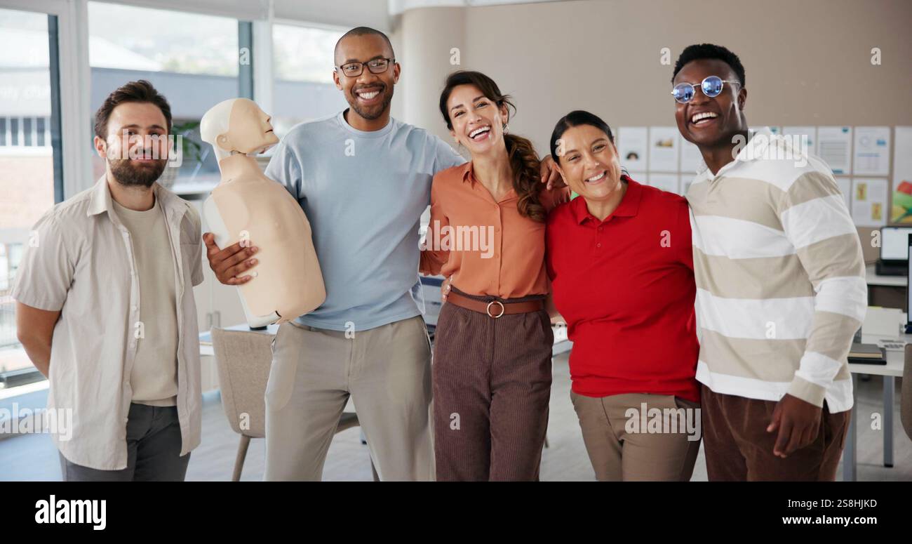 Portrait, happy and paramedic with business people in office for first ...