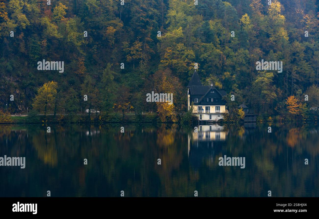 Autumn landscape. Chalet house in the forest Lake bled Slovenia Stock ...