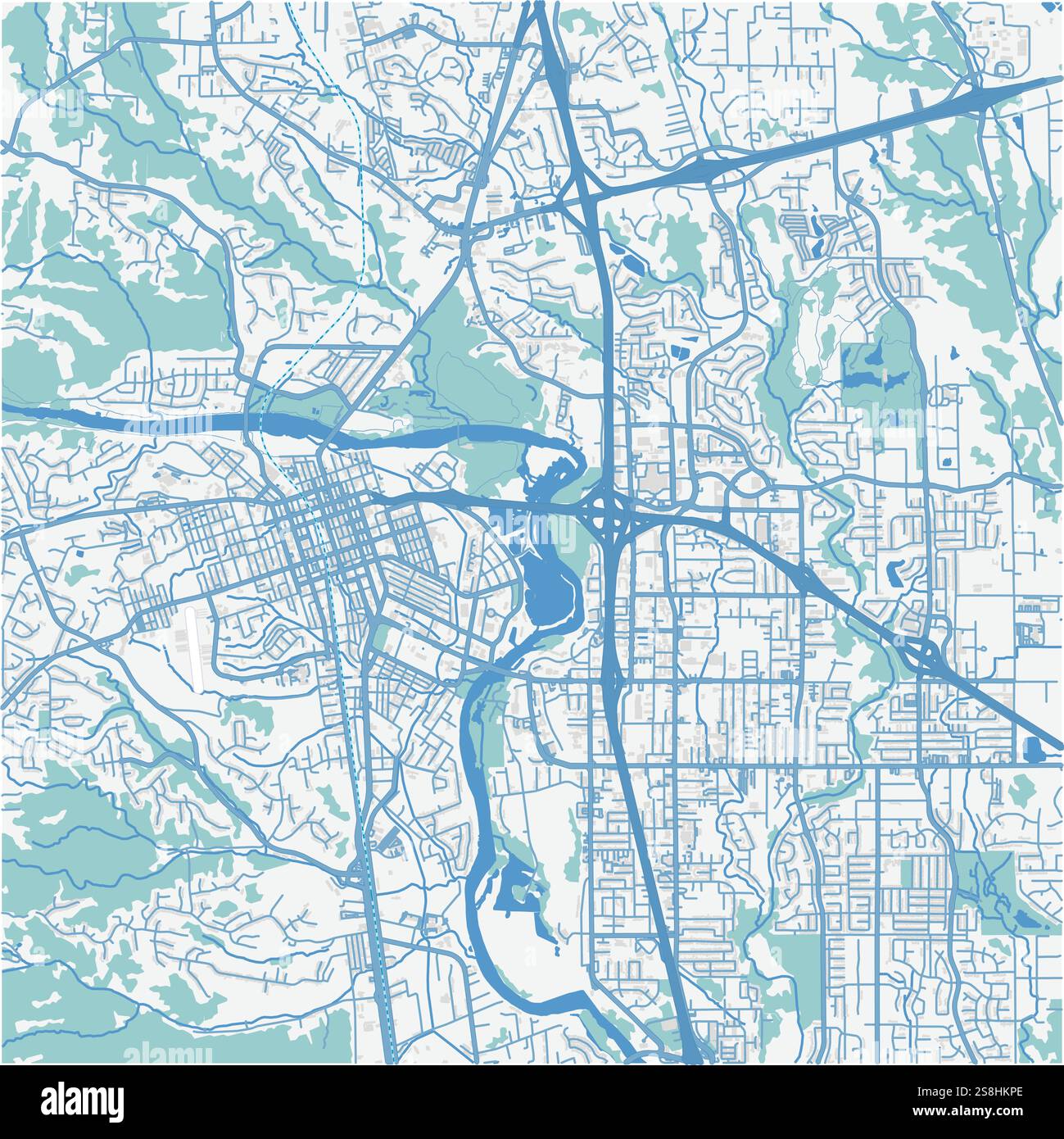 Map of Redding in California in a professional blue style. Contains layered vector with roads ...