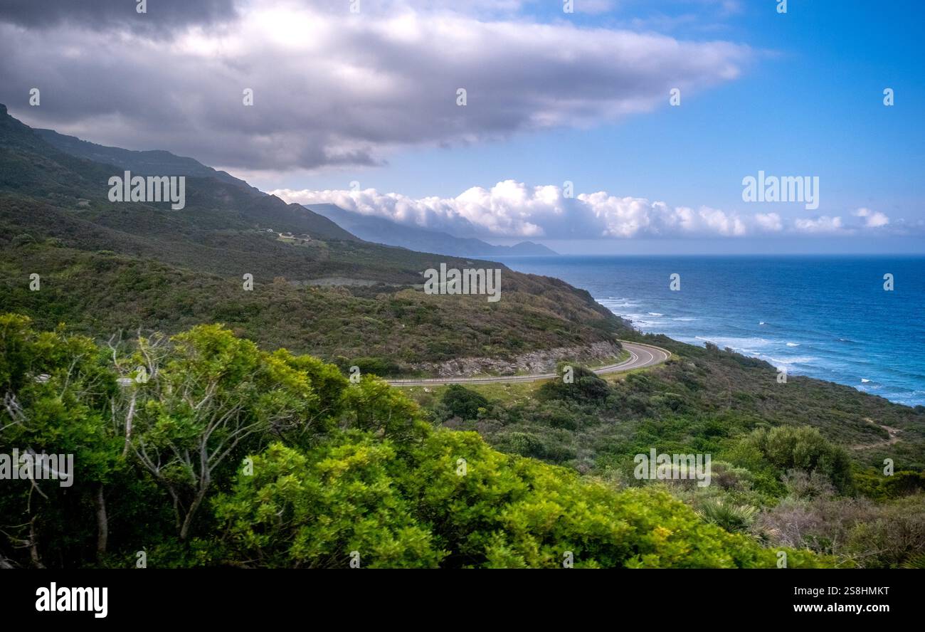 Coastal road, mountains, sea, blue sky with clouds, Villanova ...