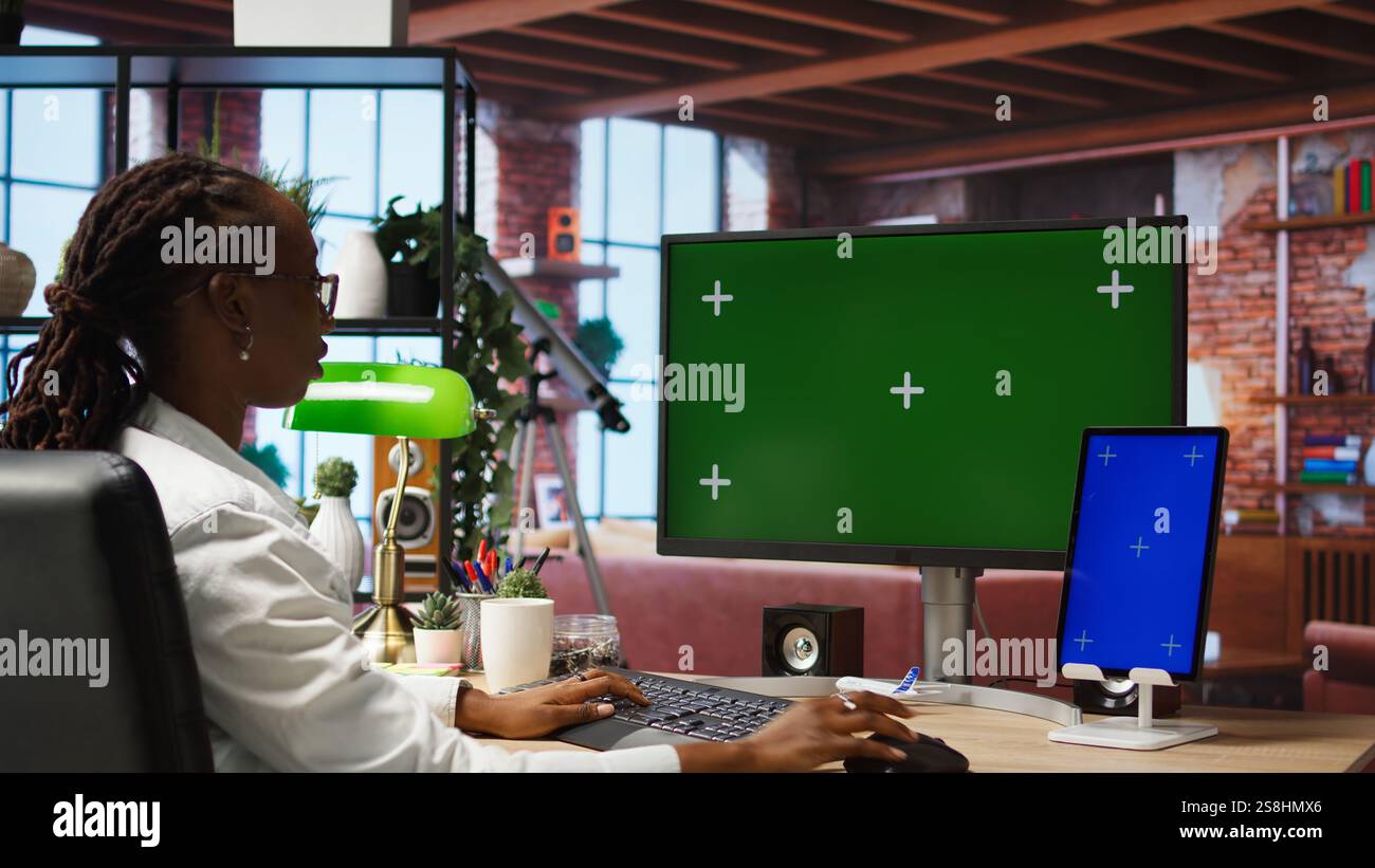 Student at home browsing internet on isolated screen computer and ...