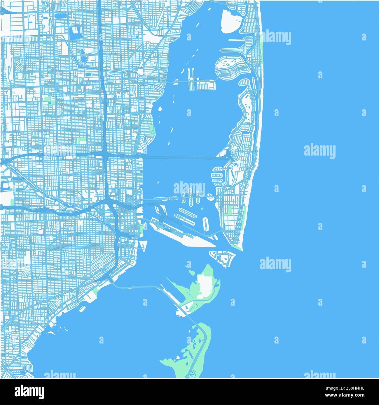 Map of Miami Bay in Florida in a professional blue style. Contains ...