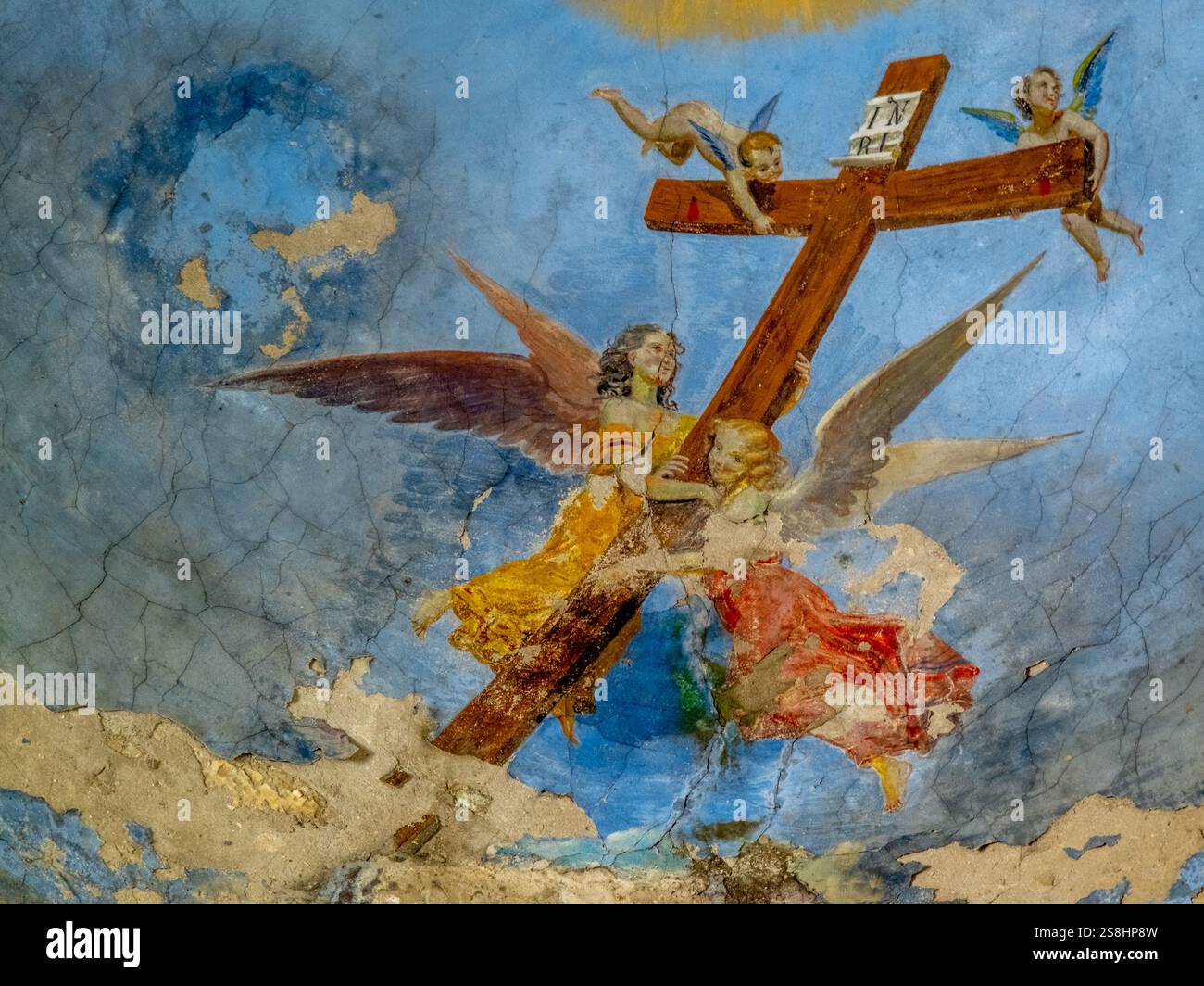 INRI cross ceiling painting with angel in a church, Bosa, Europe ...