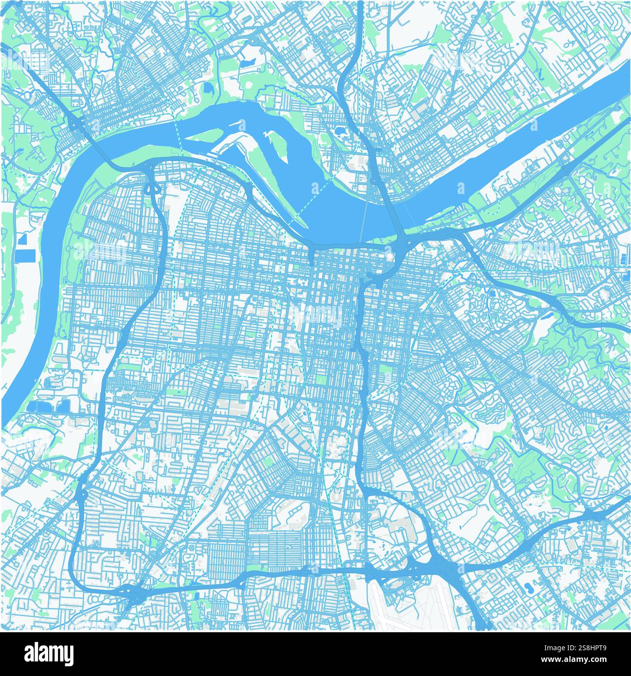 Map of Louisville Center in Kentucky in a professional blue style. Contains layered vector with ...