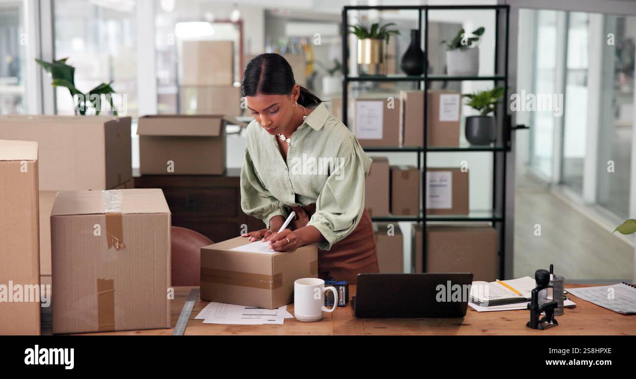 Warehouse, label or woman with boxes checklist for shipping, small ...