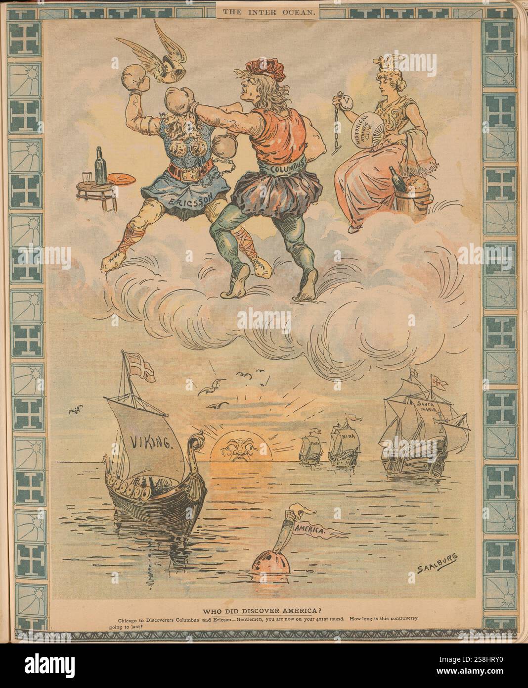 Illustration "Who did Discover America", showing a "fight" between ...